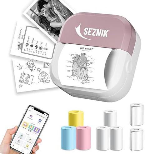 SEZNIK Mini Printer, Inkless, Thermal, Bluetooth, Portable Printer, Co ...